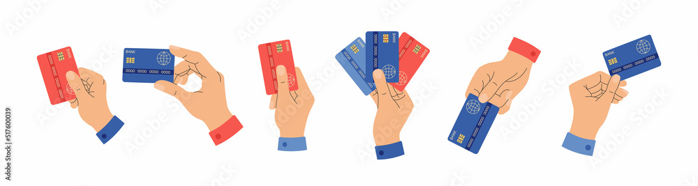 Set of different human hands with credit cards. Virtual money concept ...