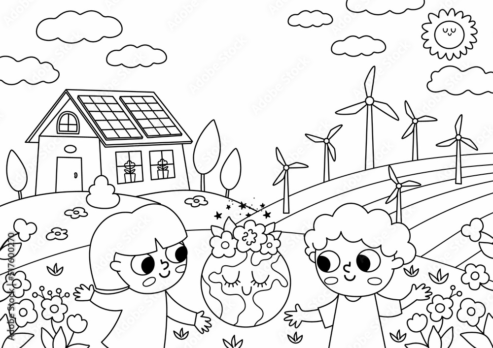 Vector black and white eco life scene with cute kids. Vertical card ...