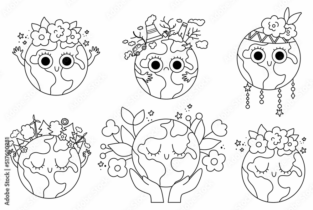 Vector black and white earth set for kids. Earth day line collection ...