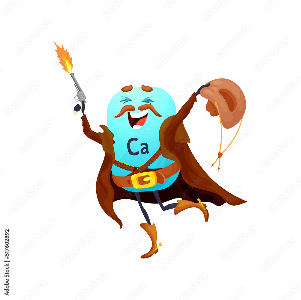 Cartoon calcium cowboy micronutrient character. Funny vector ranger ...