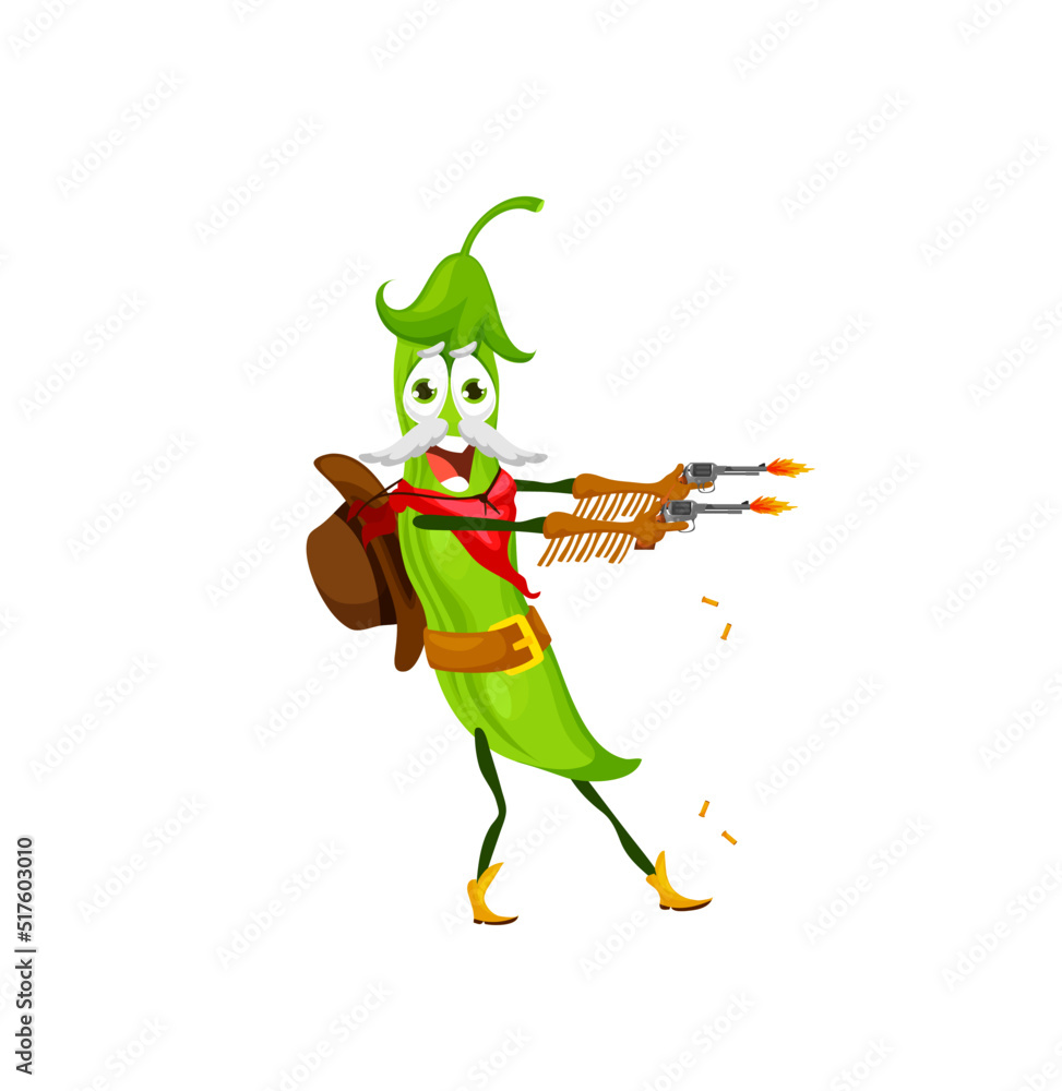 Cartoon pea personage with revolvers. Funny vector green bean pod ...