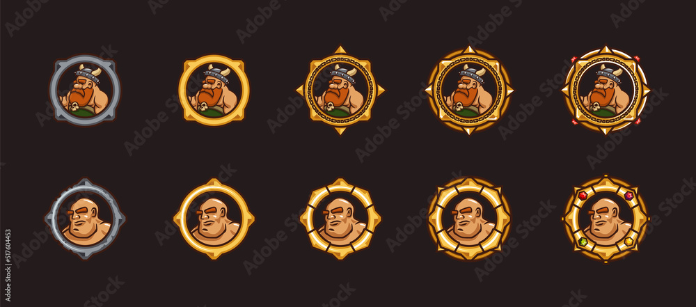 Viking and warrior game avatars in gold ranking frames. Vector cartoon ... Viking and warrior game avatars in gold ranking frames. Vector cartoon ...