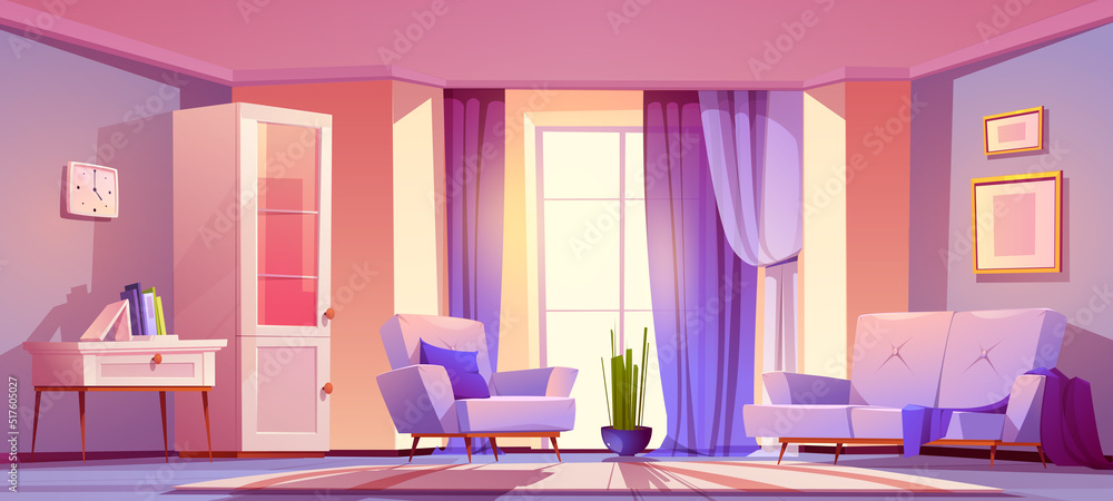 Modern living room with purple furniture and curtains on panoramic ...