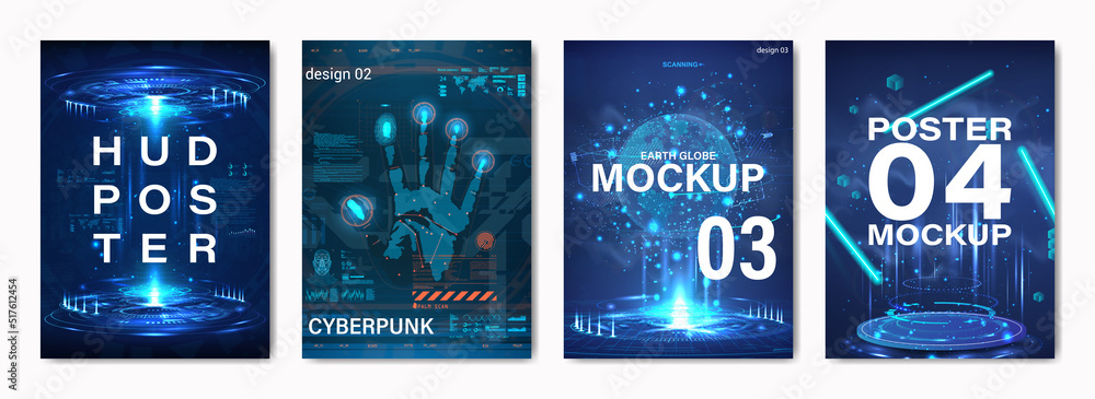 Hi-tech digital posters with futuristic elements and HUD interface ...