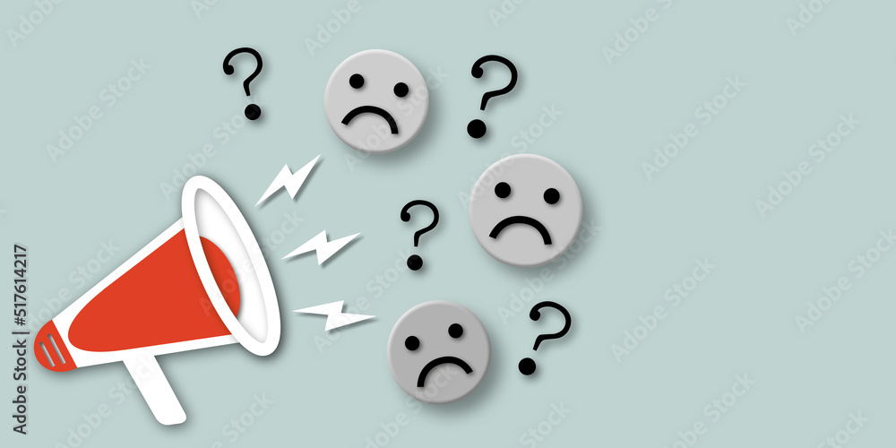 Megaphone with flash symbol, unhappy or sad face and question mark on ...