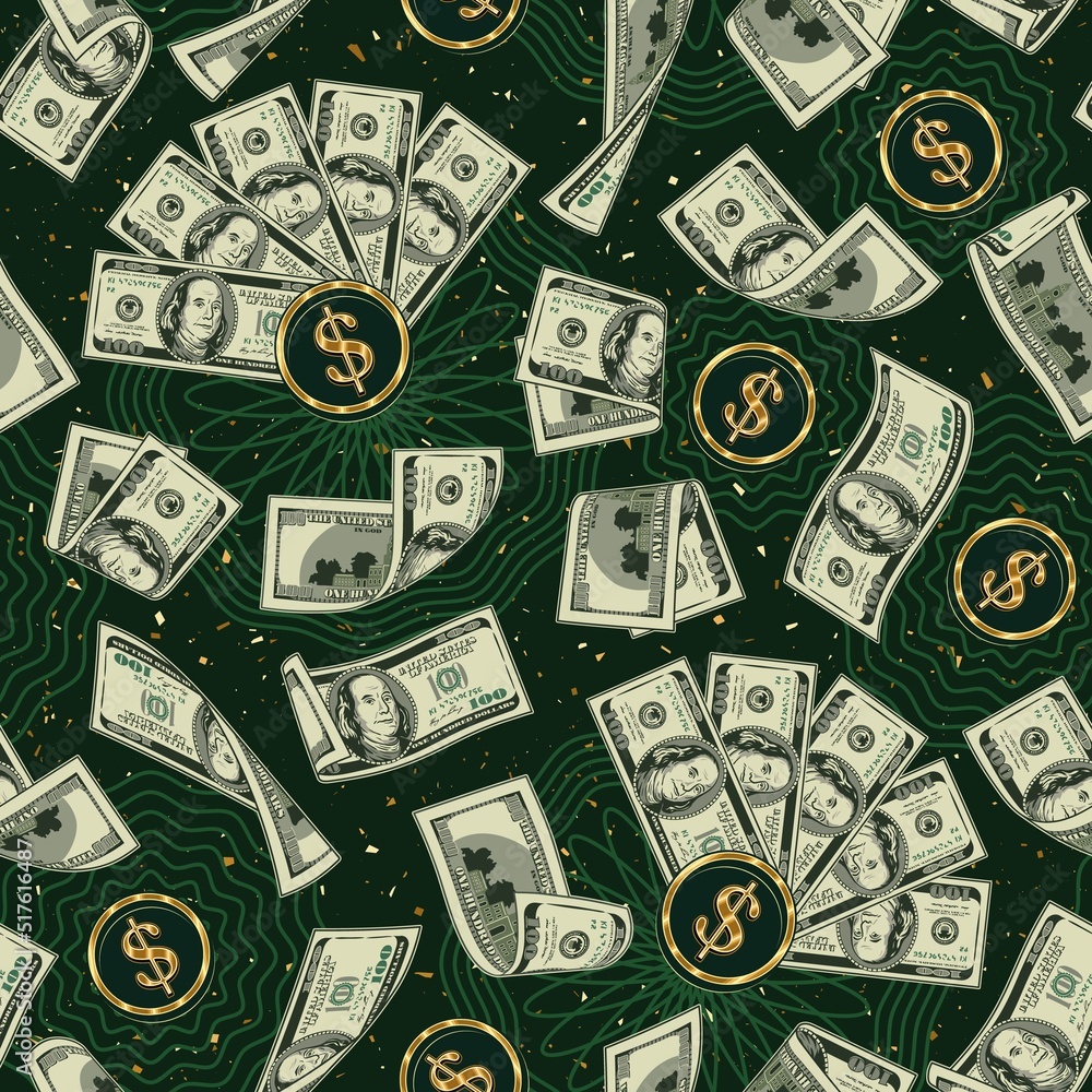 Seamless pattern in vintage style with money fan, falling 100 US dollar ...