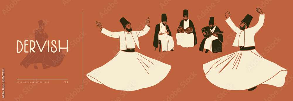 Dancing dervishes and musicians. Sufi religious dance. Traditional ...