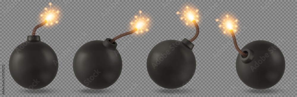 Bombs with burning fuse. Explosive military tnt weapon or firecrackers ...