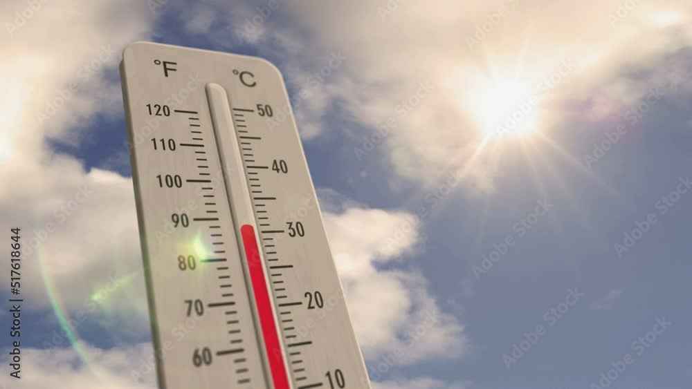 Thermometer on blue sky and shining sun. Heat wave, increase high ...