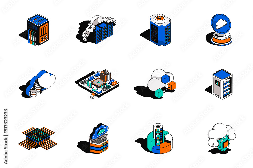 Cloud technology 3d isometric icons set. Pack elements of racks ...