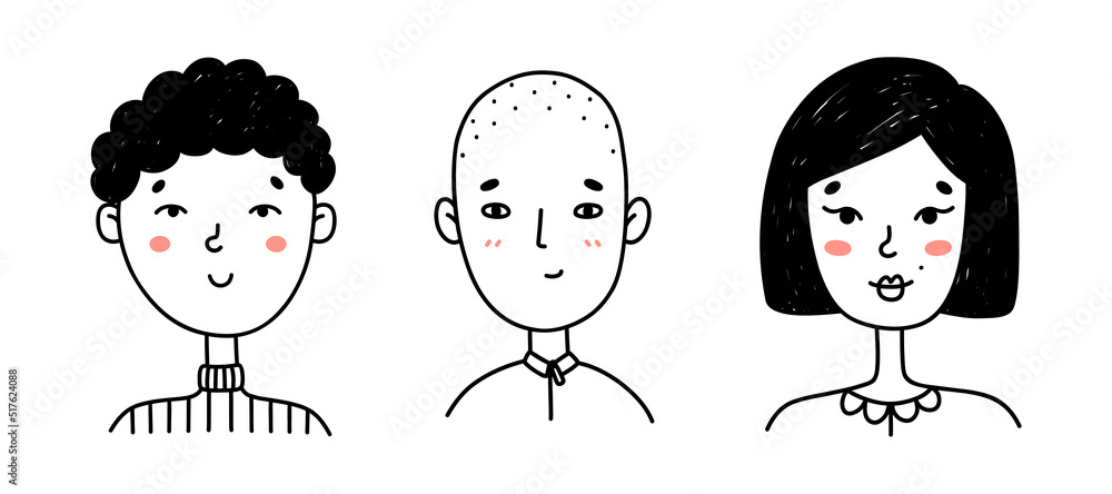 Set of cute people's faces in doodle style. Portraits of happy young ...