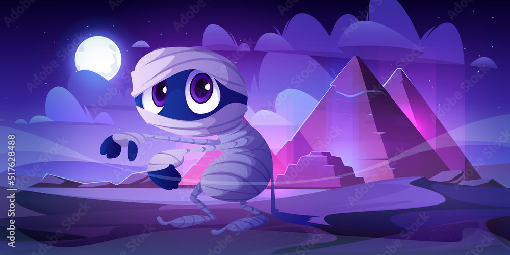 Scary mummy in Egypt desert with ancient pyramids. Vector cartoon ...