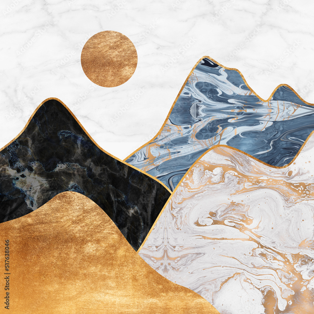 Gold mountain wallpaper design with landscape line arts, Golden luxury ...