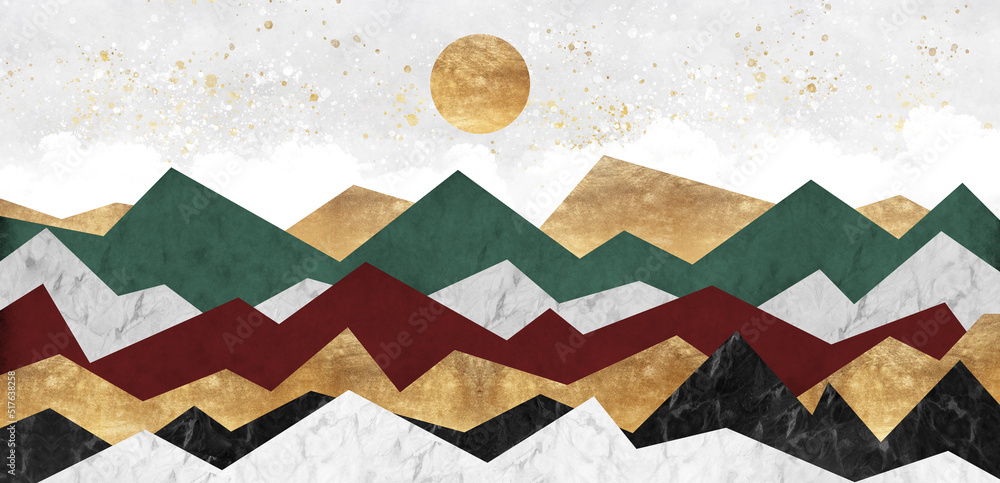 Gold mountain wallpaper design with landscape line arts, Golden luxury ...