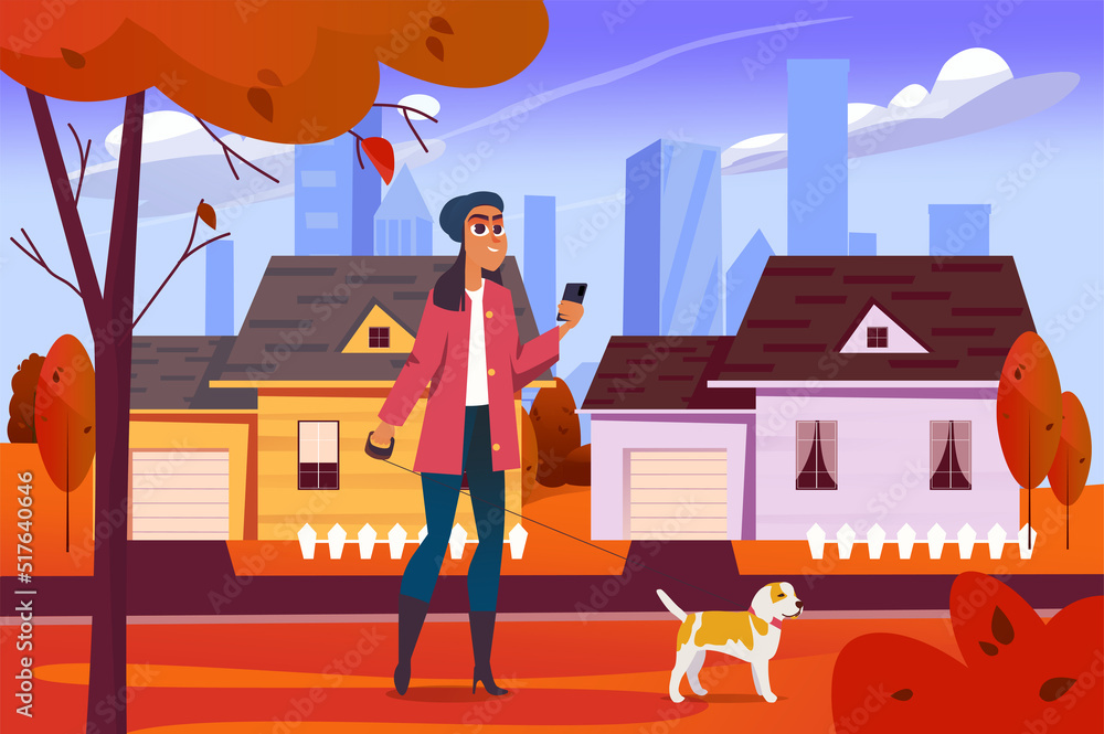 Autumn city park background in flat cartoon design. Wallpaper with ...