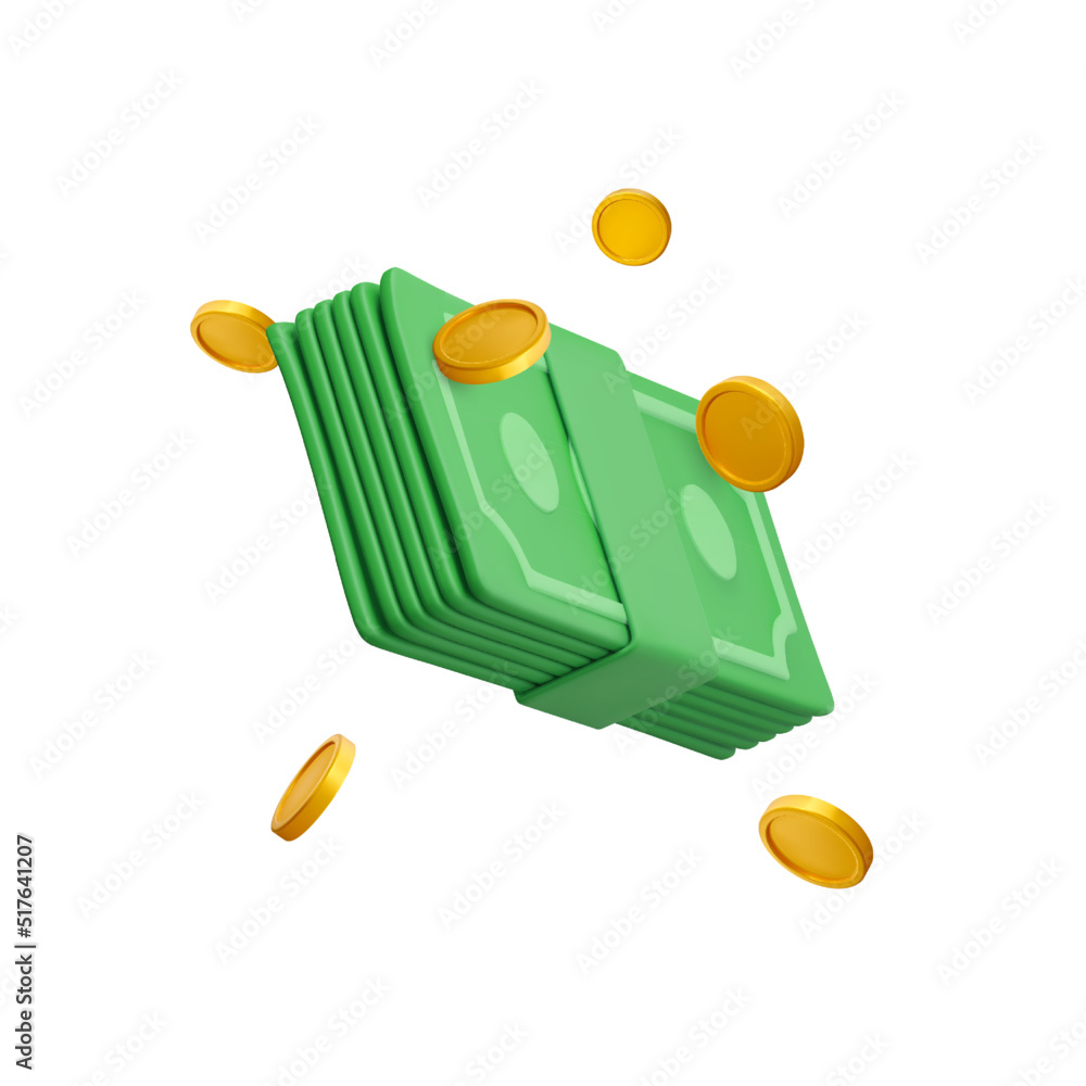 Green currency stack and falling gold coins in cartoon style. 3d ...