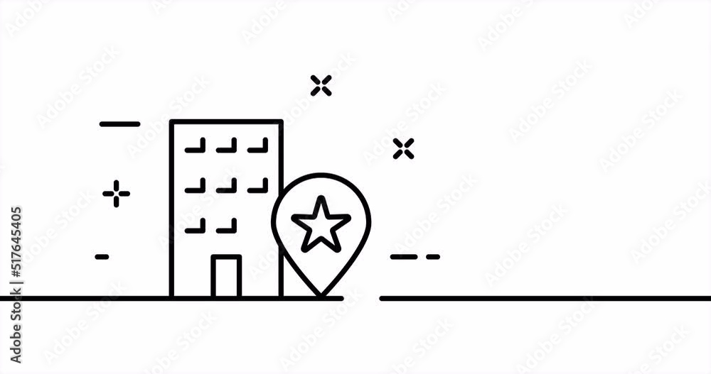 Favorite destination. Building with map pointer and star. GPS ...