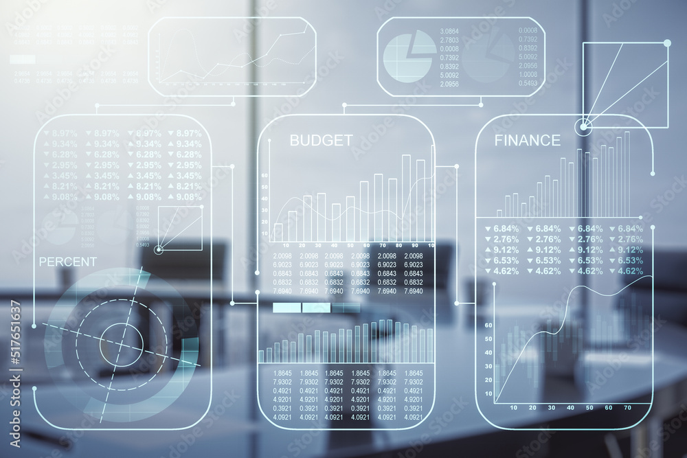 Multi exposure of abstract virtual graphic data spreadsheet sketch on a ...
