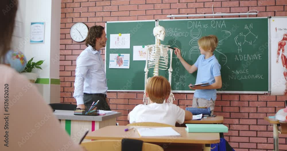 Caucasian small teen schoolboy answering at human scelet model to male ...