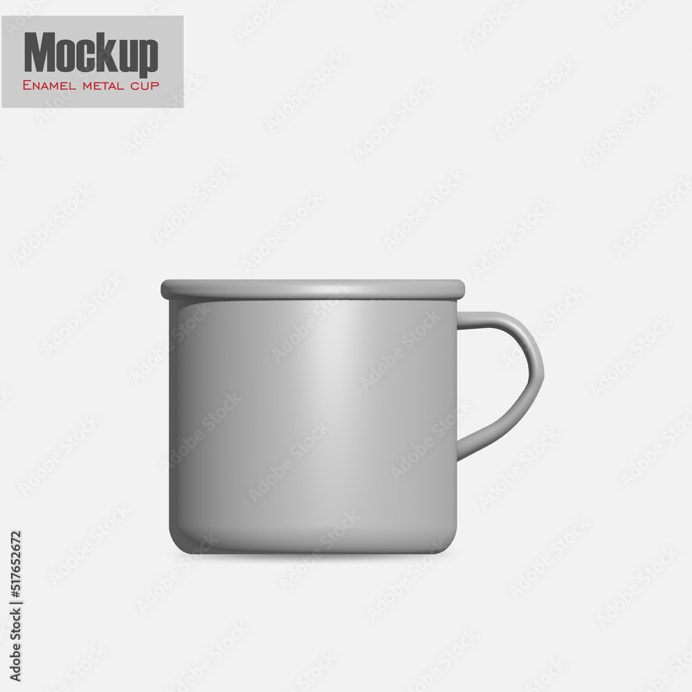 Matte white enamel metal cup. Realistic packaging mockup template with ...