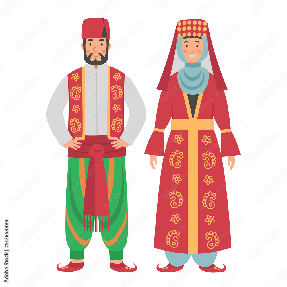 Cartoon men's and women's turkish costume, character for children. Flat ...