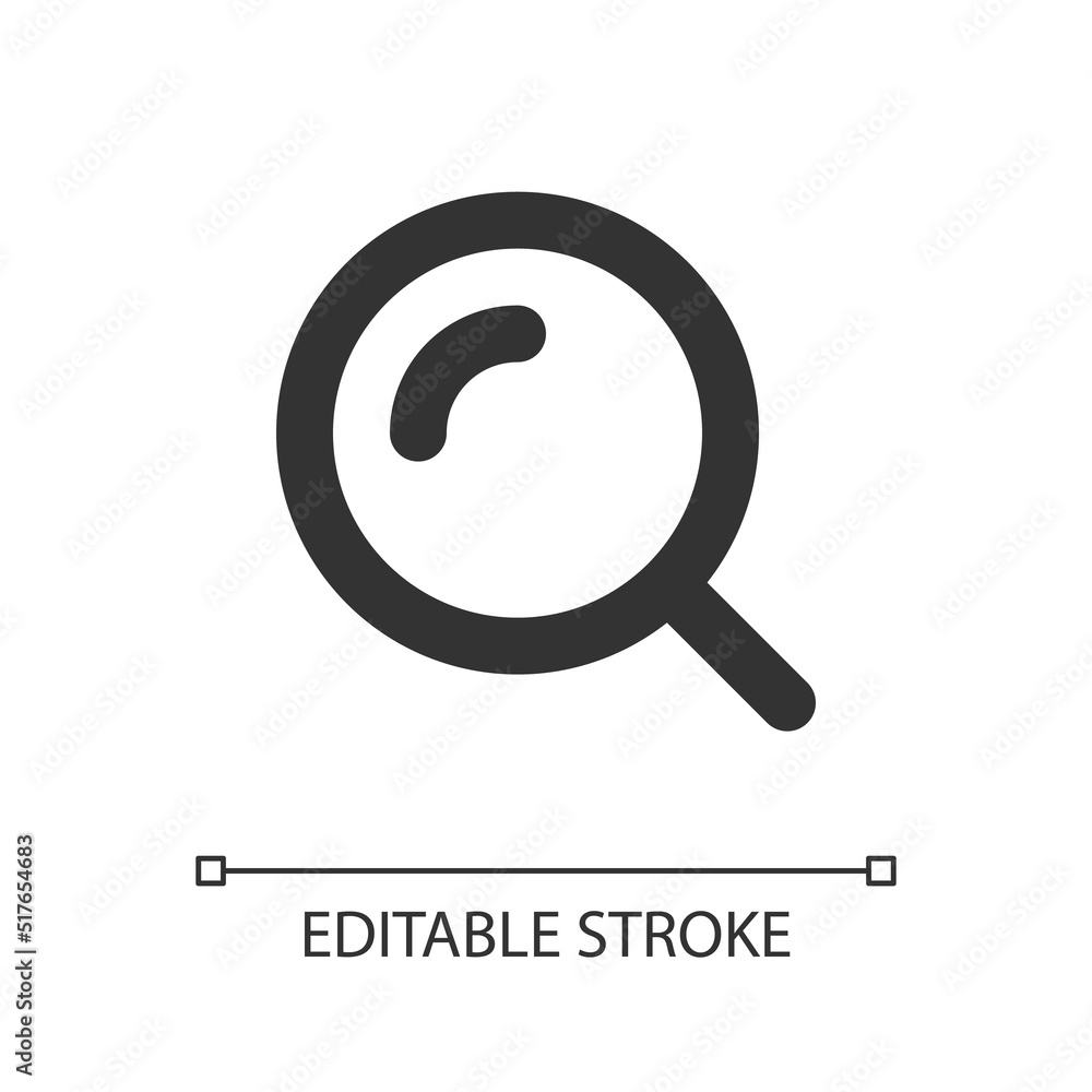 Magnifying glass pixel perfect linear ui icon. Enlarging screen. Search tool. Zoom in text. GUI ...