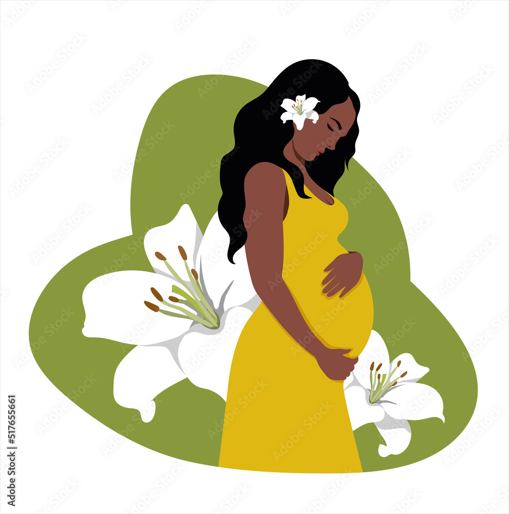 A Pregnant Beautiful Woman With Dark Skin In A Yellow Dress Hugs Her