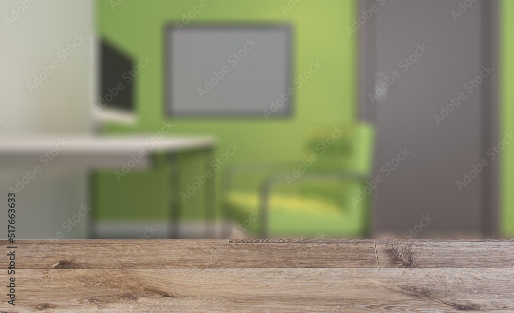 Front view of an office interior with a row of dark wood tables ...