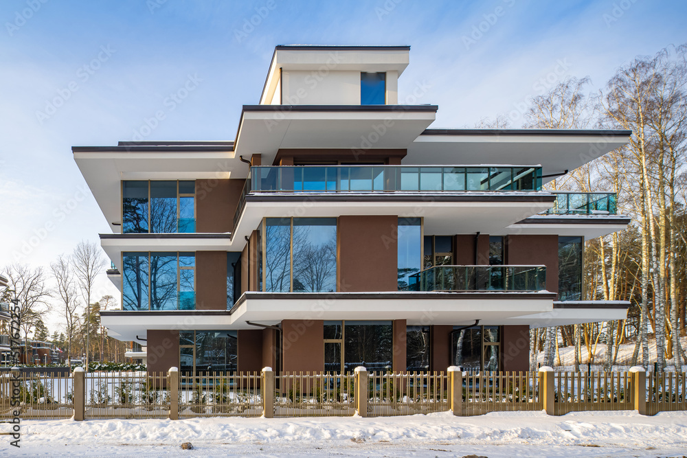 Modern exterior of new luxury residential building at winter. Stock ...