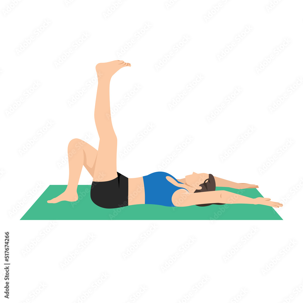 Woman doing hamstring stretch 3 or Étirement ischios exercise. Flat ...