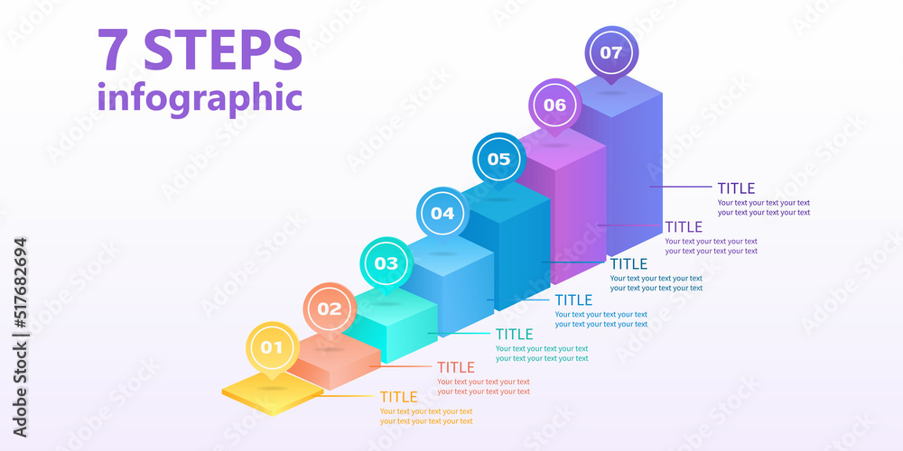 Business infographics in the form of a ladder of seven parallelepipeds ...
