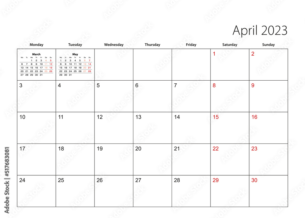 April 2023 simple calendar planner, week starts from Monday. Stock ...