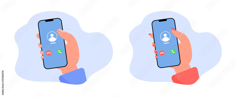 Cartoon hand holding phone with incoming call on display flat vector illustration. Mobile user ...