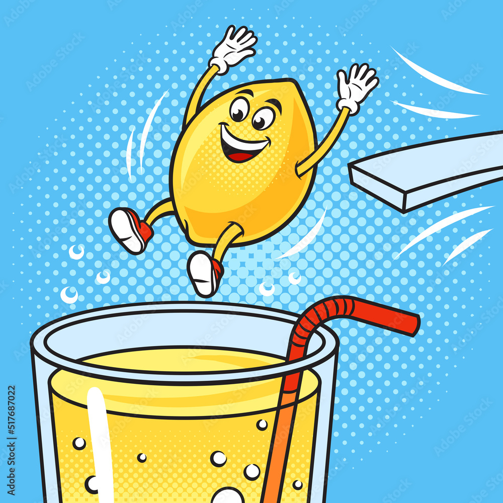 cartoon lemon diving into a glass of juice pop art retro raster ...
