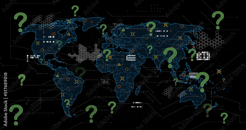 Image of question mark icons over data processing and world map on ...