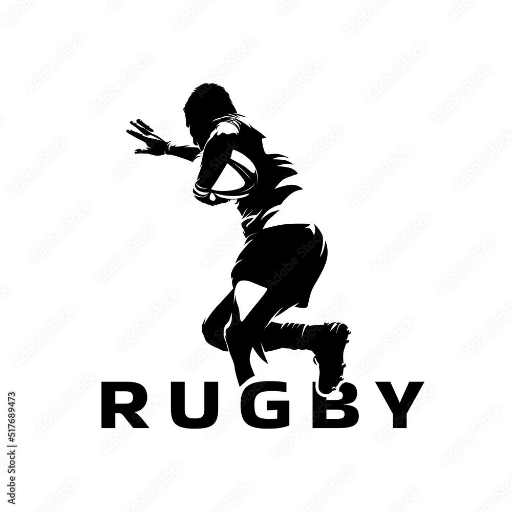 Rugby player running with ball, abstract isolated vector silhouette ...