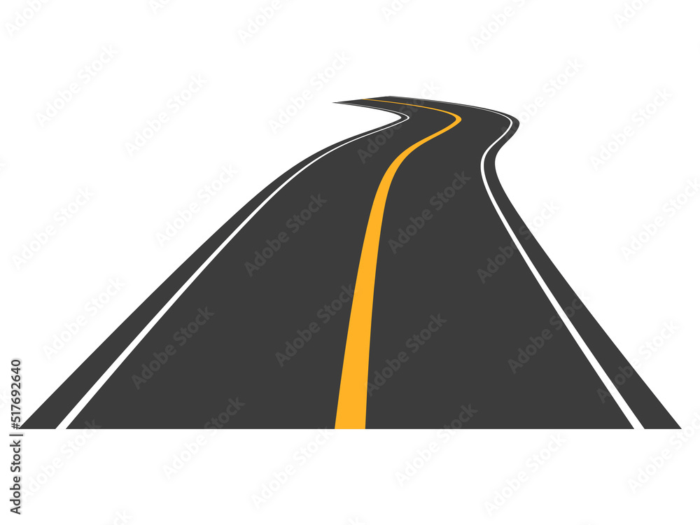 Curved straight asphalt road. Perspective highway traffic with vertical ...