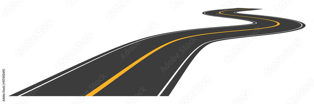 Curved straight asphalt road. Perspective highway traffic with vertical ...