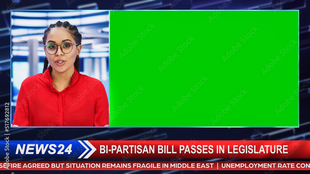 Split Screen TV News Live Report: Anchor Talks, Reporting. Reportage ...