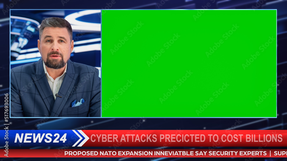 Split Screen TV News Live Report: Anchor Talks, Reporting. Reportage ...