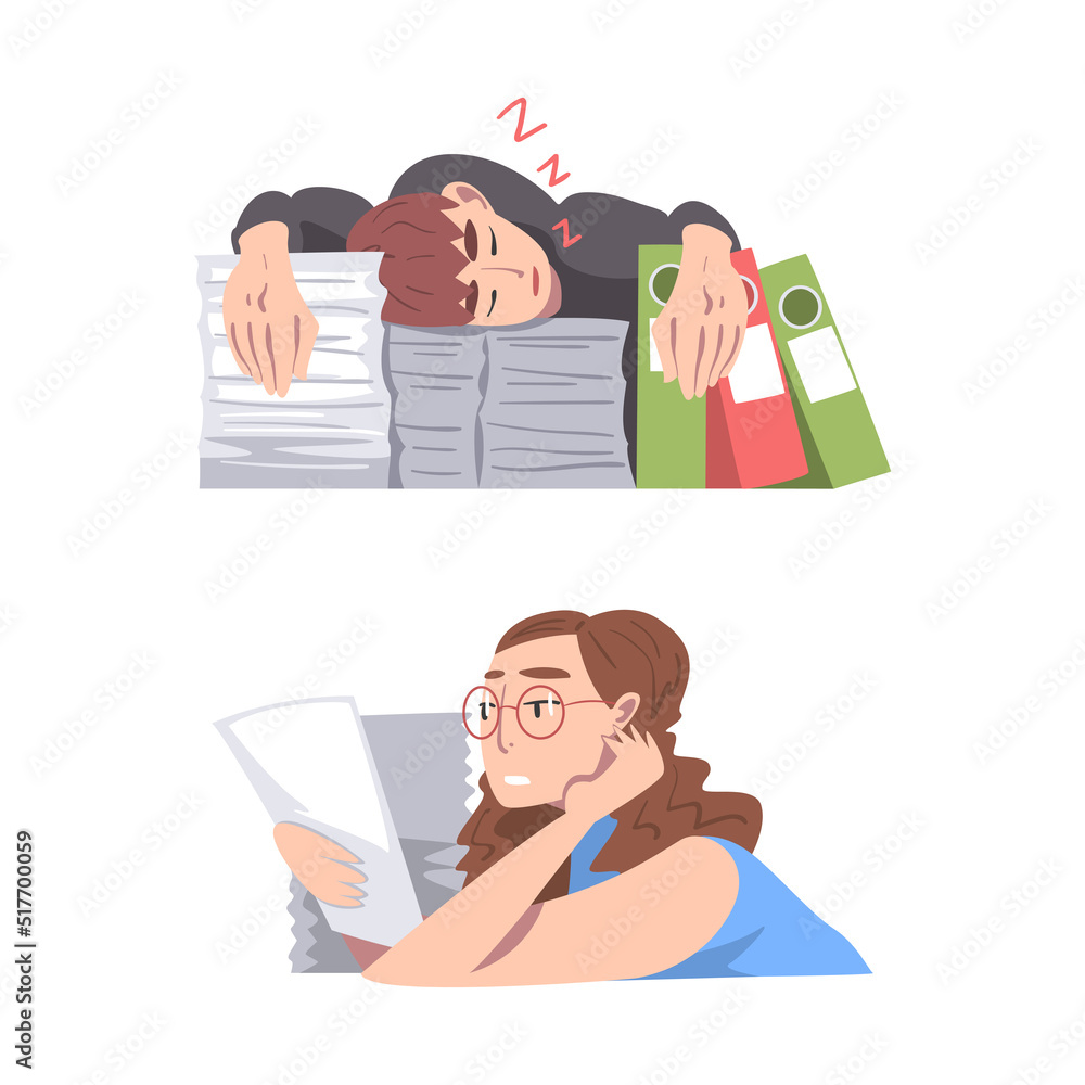 Overloaded male and female office employees sitting at desk with heap ...