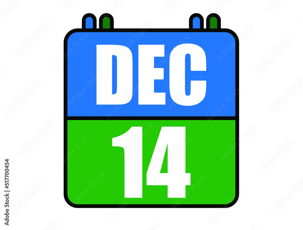 14 December calendar. Blue and green calendar page for December days ...