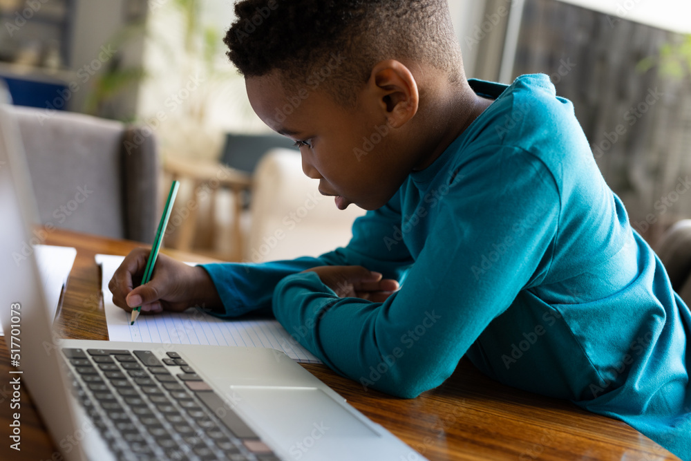 Image of african american boy learning and using laptop Stock Photo ...