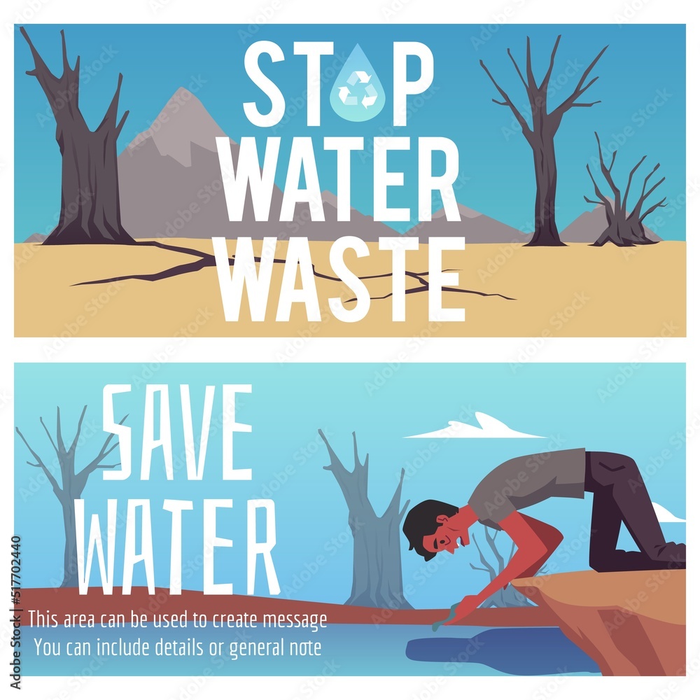Water scarcity posters set, thirsty man in the desert drinks from pond ...
