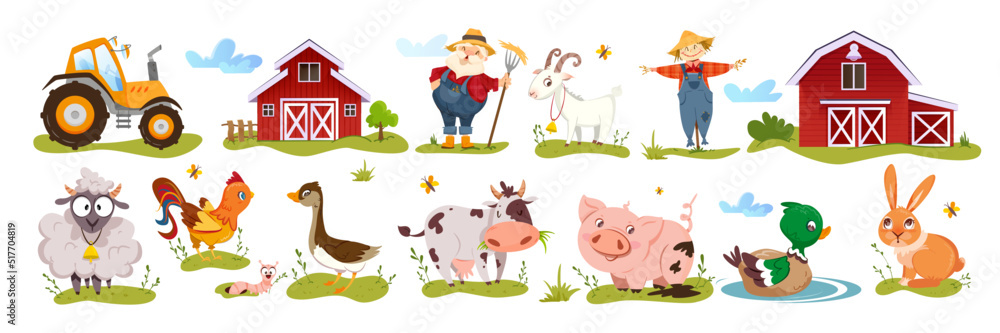 Farm set with cute animals, farmer character, barn houses, yellow ...