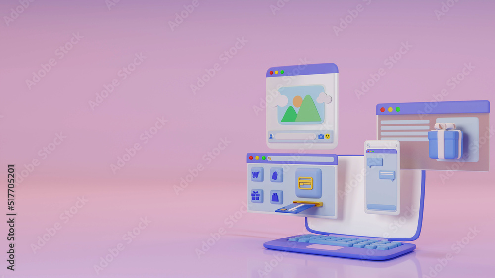 Shopping online website store concept 3d rendering illustrations desk ...