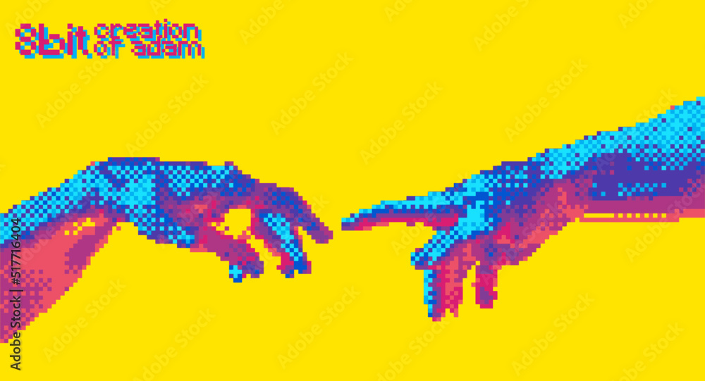 Reaching hands 8 bit color style design concept vector illustration ...