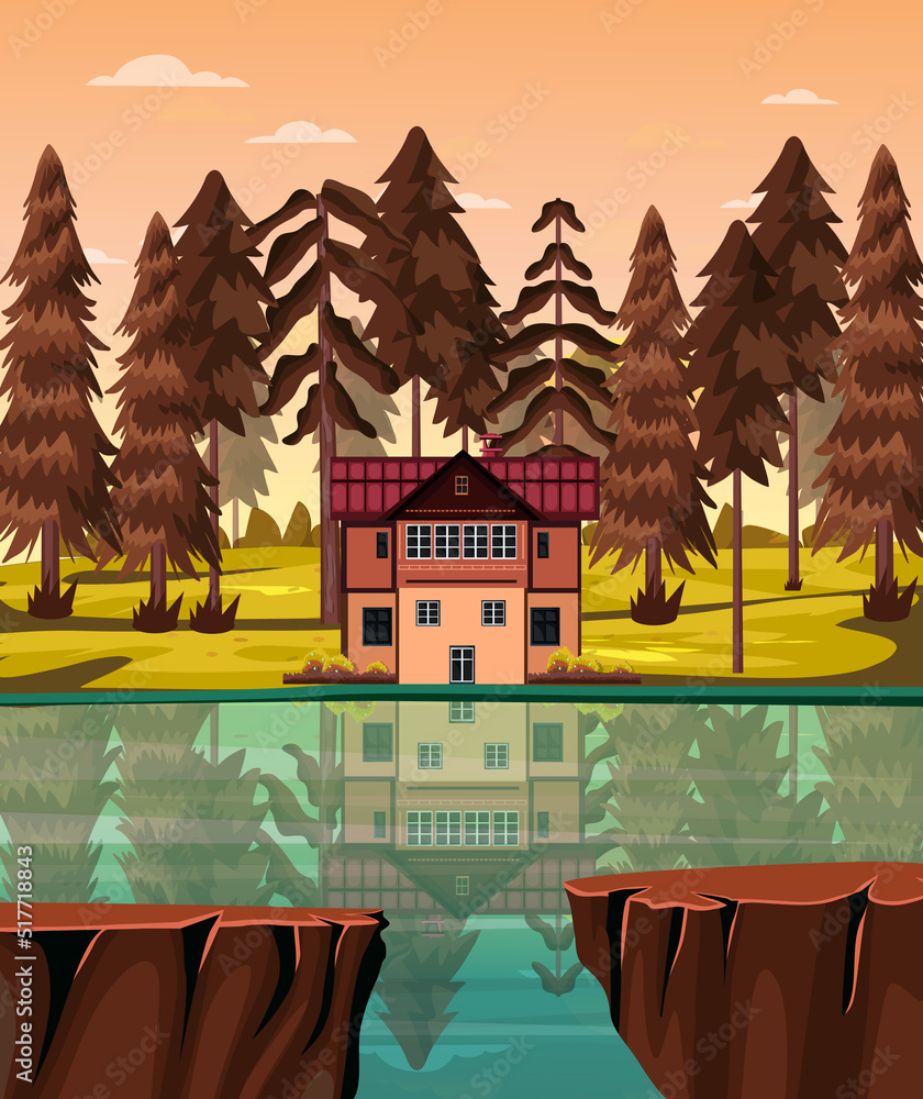 game background cartoon vector , Lakeside house Stock Vector | Adobe Stock