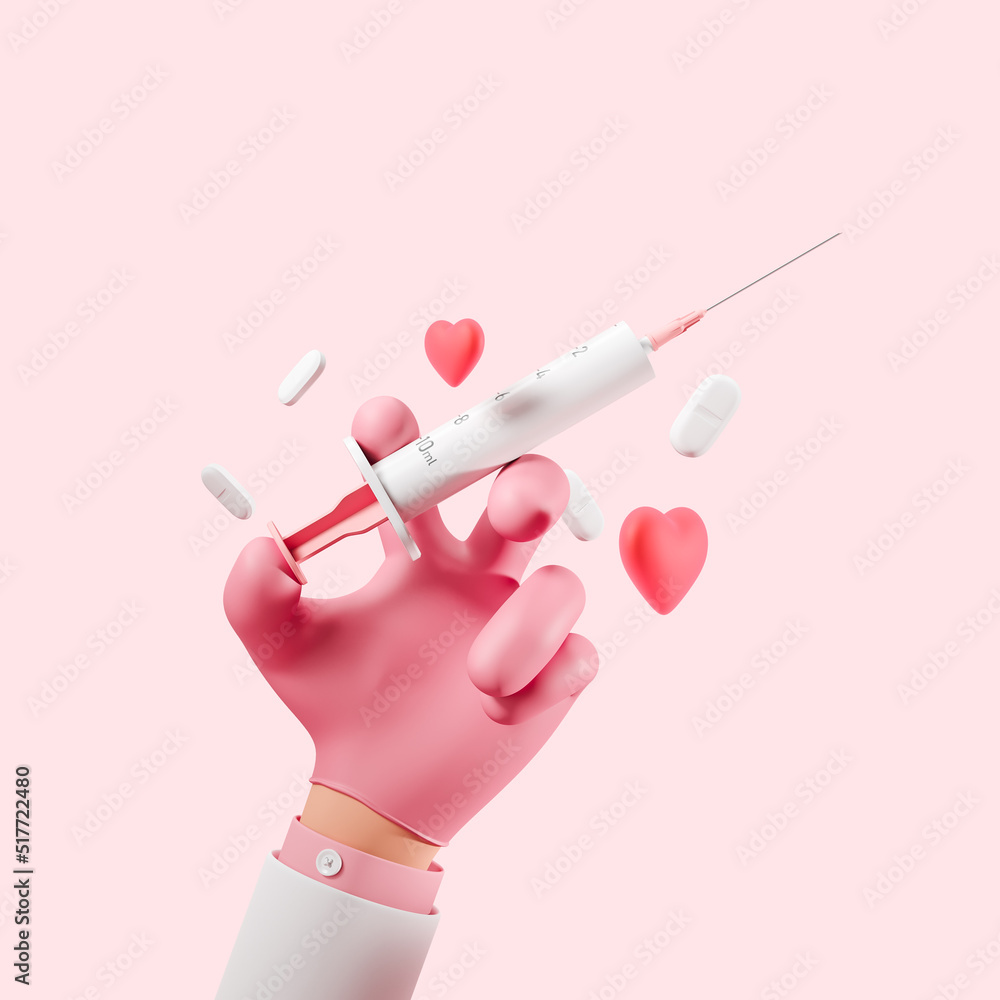 Doctor's cartoon hand holding a syringe with medicine. Health treatment ...