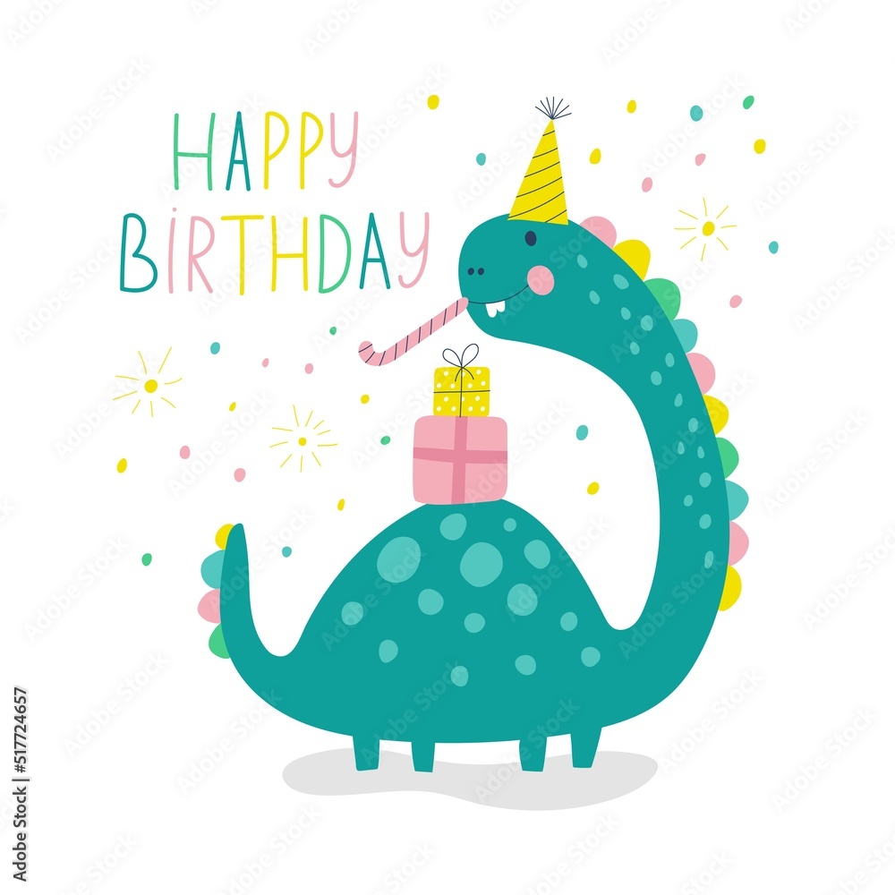 Happy birthday card with cute dino. Vector illustrations Stock Vector ...